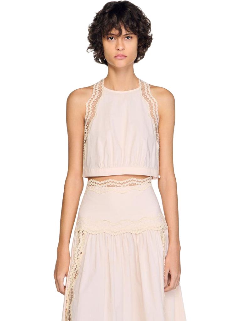 SANDRO Sandro Cotton Crop Top with Lace Trim